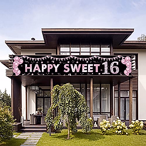 16th Birthday Banner Decorations for Girls, Happy Sweet 16 Birthday Yard Sign Party Supplies, Purple Sixteen Birthday Outdoor Decor Backdrop (9.8x1.6ft)