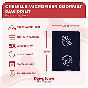 My Doggy Place Microfiber Dog Mat for Muddy Paws, 36" x 26" Navy Blue with Paw Print - Absorbent and Quick-Drying Dog Paw Cleaning Mat, Washer and Dryer Safe - Non-Slip Rubber Backed Pet Mat, Large