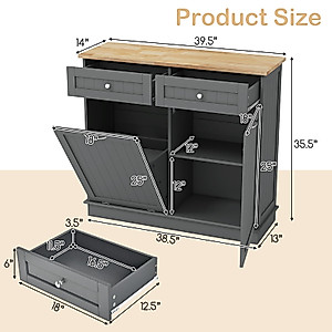 Giantex Tilt Out Trash Cabinet 15.5 Gallon, Wooden Laundry Room Cabinet, 2 Drawers, Storage Cabinet, Recycling Trash Cabinet, Kitchen Island with Garbage Can Holder, 39.5" x 14" x 35.5", Gray