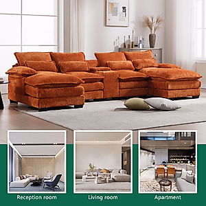 Neylory Modular Sectional Sofa 123" U-Shape Sofa Couch, Chenille 6-Seat Cloud Couch with Cupholder and USB Ports, Chaise Upholstered for Living Room, Apartment, Dark Gray