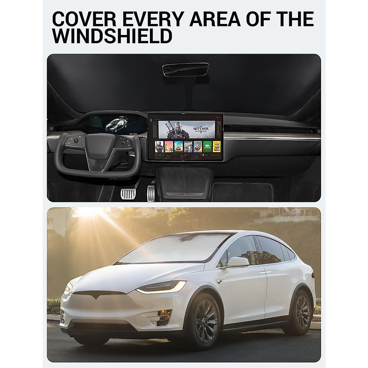 BASENOR Tesla Model X Windshield Sunshade Folding Sun Visor Protector Sun Shade Cover with a Storage Bag Fit Model X 2021-2024