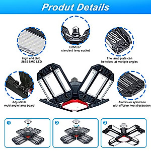 LED Garage Lights, 180W 18000 LM Deformable LED Garage Ceiling Lights with 12 Adjustable Panels, E26 E27 LED Shop Lights for Garage, Basement, Barn, Workshop, 6500K LED Bay Light
