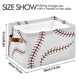 Baseball Stitches Storage Basket Bin Sport Softball Large Fabric Toys Storage Cube Box Set of 2 with Handles Collapsible Closet Shelf Cloth Organizer Basket for Nursery Bedroom Bathroom Playroom