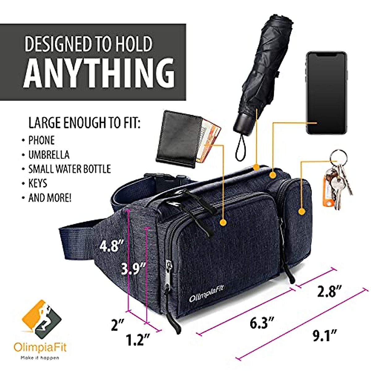 OlimpiaFit Fanny Pack for Women and Men - Waist Bag w/ 6 Anti-Theft Pockets & Plus Size Belt Extension - Water Resistant Travel Accessories - Black