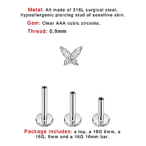 FANSING Clear CZ Butterfly Nose Studs for Women Nostril Silver Earrings Stud Surgical Steel Cartilage Conch Helix Tragus Piercing Jewelry with 16g 6mm 8mm 10mm Internally Threaded Posts