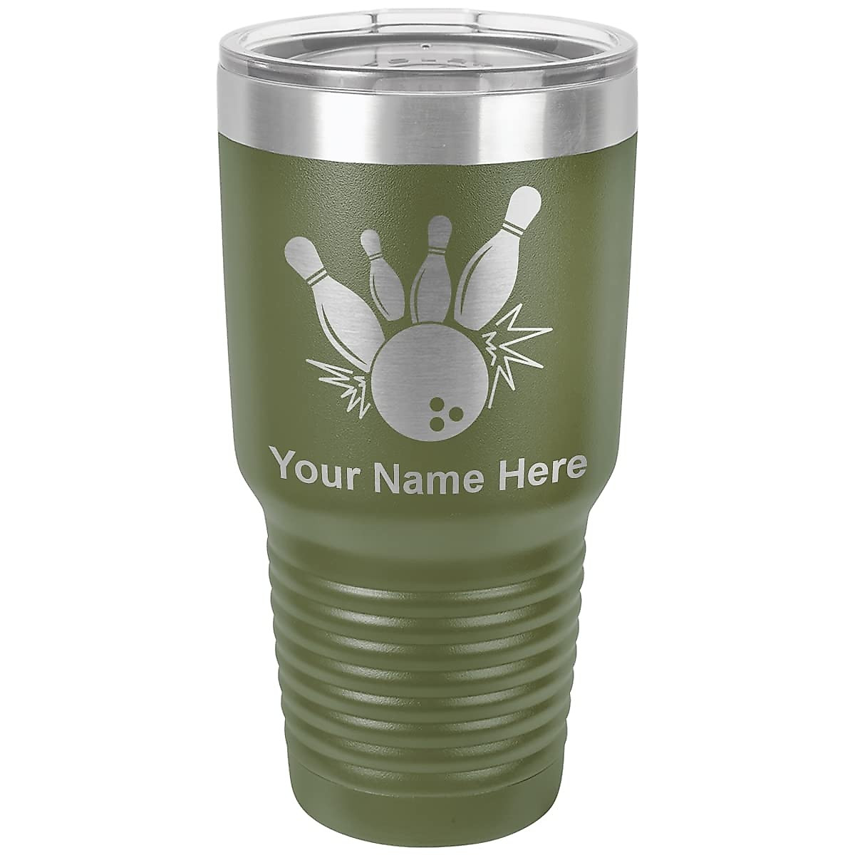 LaserGram 30oz Vacuum Insulated Tumbler Mug, Bowling Ball and Pins, Personalized Engraving Included (Camo Green)