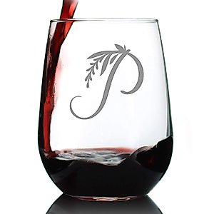 Monogram Floral Letter P - Stemless Wine Glass - Personalized Gifts for Women and Men - Large Engraved Glasses