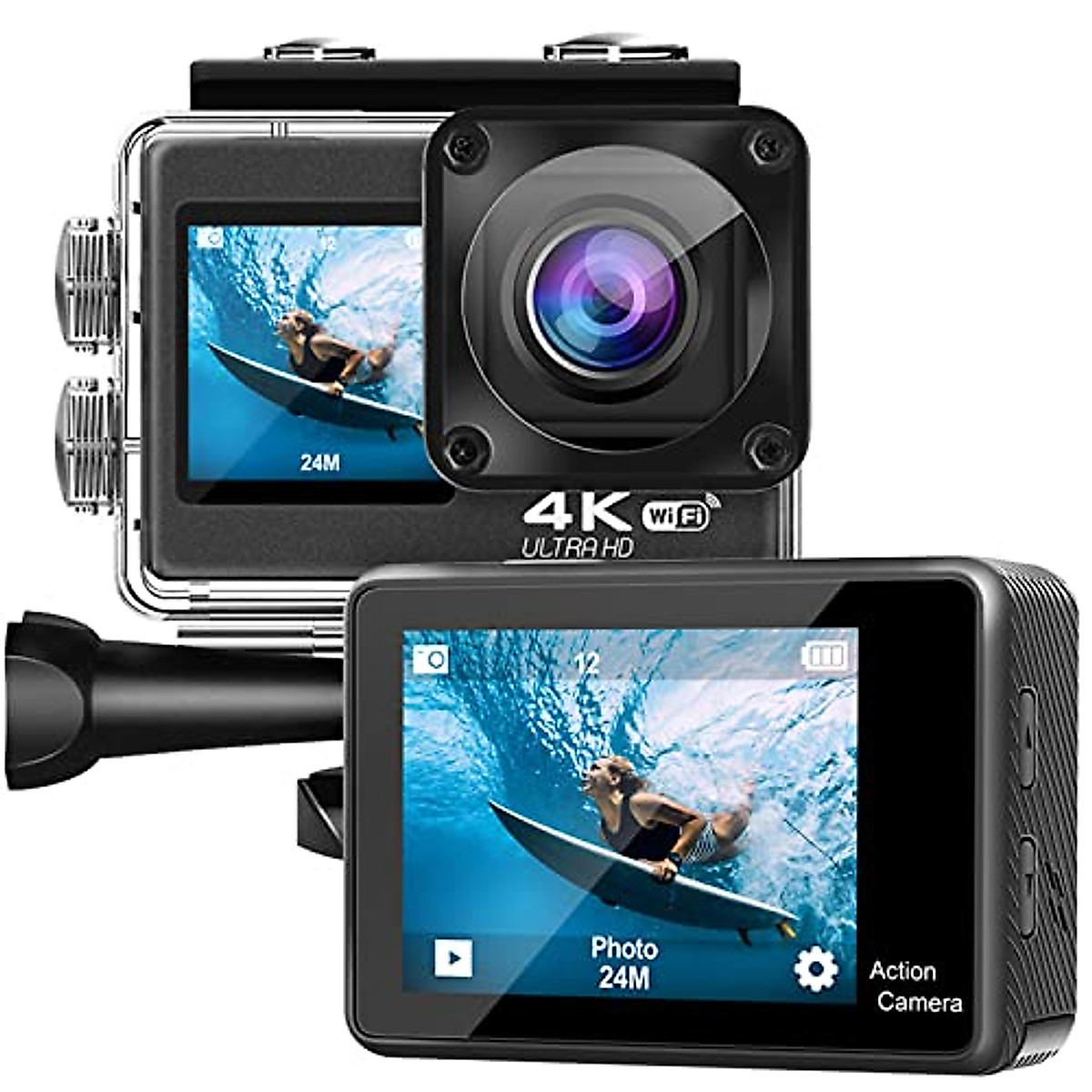 Idoravan 4K Digital Camera for Photography, 2.0 LCD Screen, HD Resolution, 24 MP Vlogging Camera Wide-Angle Lens, Macro Lens,128 GB Card for Traveling Diving with Rechargeable Batteries