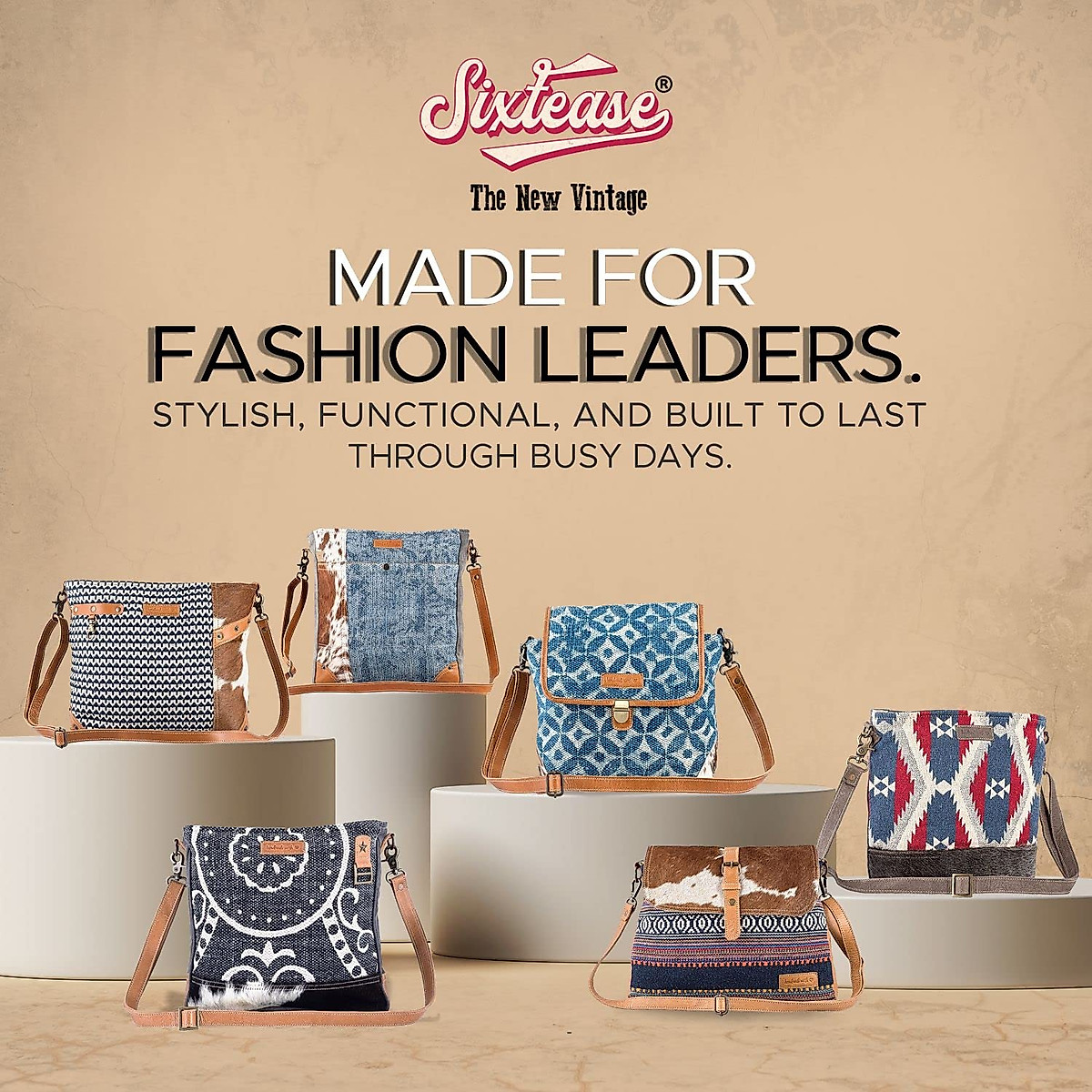 SIXTEASE Womens Shoulder Bag Vintage Style Shoulder Bags for Women - Made with Genuine Leather, Upcycled Canvas, or Hair On - Handmade, Adjustable Strap, Brass and Zinc Hardware - Legacie