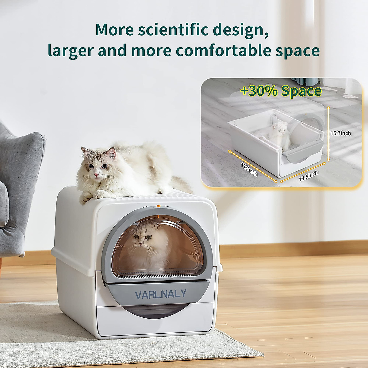 VARLNALY 4.0 Large Semi -Automatic-Cleaning Cat Litter Box, Pull-Out Non-Electric Fully Enclosed Litter Box, Prevents Urine Leakage, Isolates Odor, with Replacement Trash Box 24PCS, White