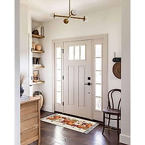 Fall Kitchen Runner Rug 2x5 Bedside Rug with Tassel Cotton Woven Throw Rugs Washable Hallway Runner Rug Thanksgiving Orange Pumpkin Maple Leaf Beige Floor Carpet for Bedroom Bathroom Living Room