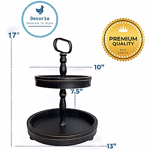 DECORIO Beautiful Tiered Tray Black Slighly Distressed, Two Tiered Wood Decorative Tray - Tiered Tray Stand - Two Tier Tray Tiered Tray Decor - 2 Tier Tray Tiered Serving Tray - Spring Decor 17"