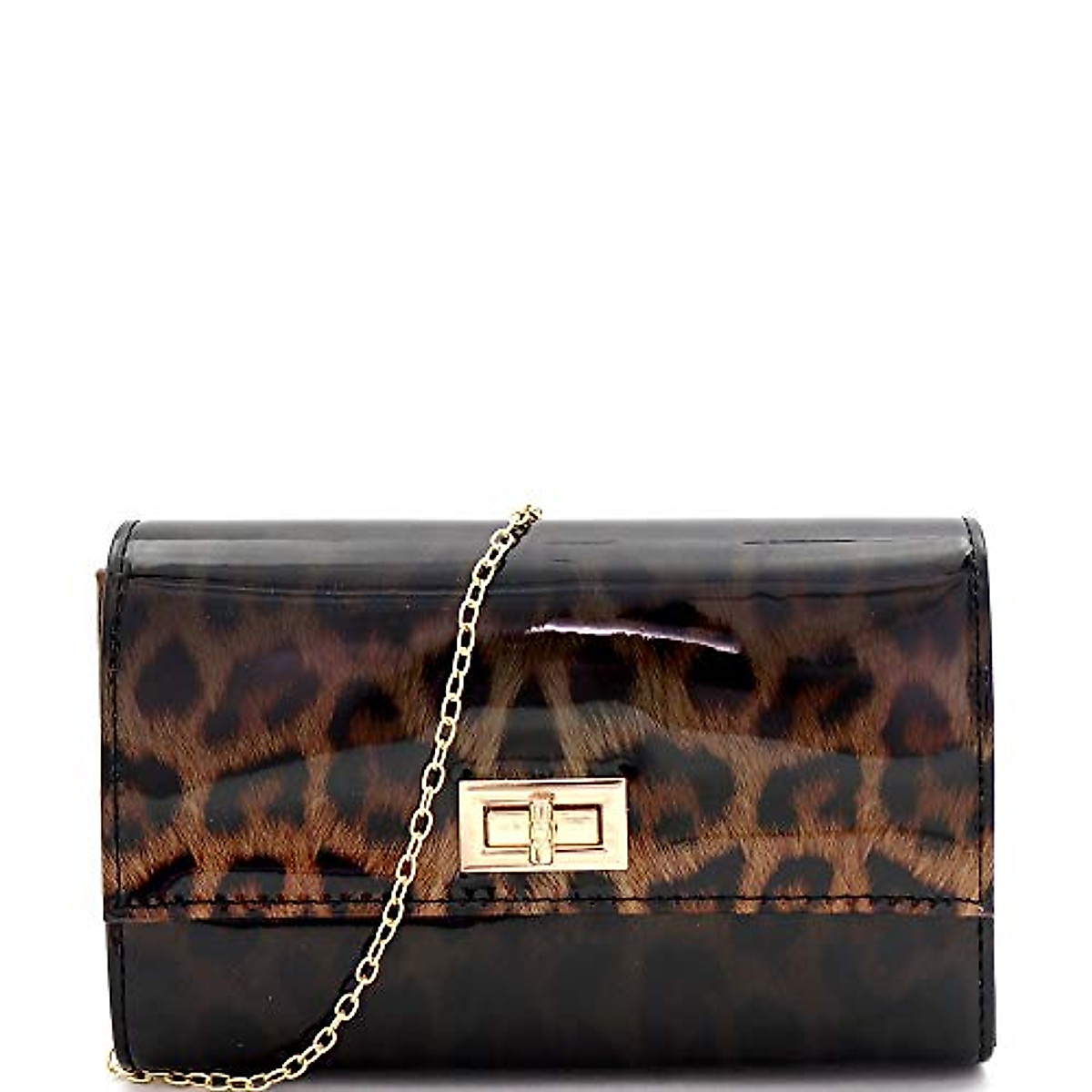 Leopard Print Glossy Faux Leather Clutch Purse Shoulder Bag with Chain Strap (Turn-lock Flap - 1Nude/Black)