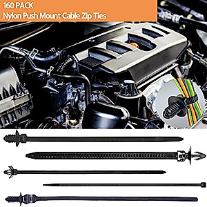 160Pcs Universal Nylon Push Mount Cable Zip Tie,Nylon Self Locking Cable Strap,Heavy Duty Nylon Push Mount Self Locking UV Resistant,5 Most Popular Sizes,for Indoor Wire Tying Construction Auto ect
