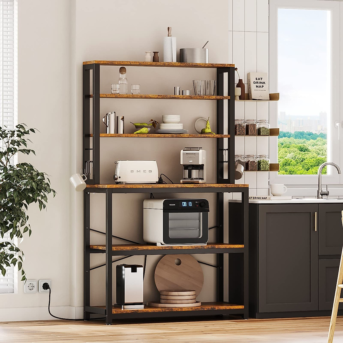 Rovaurx Standing Baker's Rack with Power Outlets, Microwave Oven Stand, Industrial Kitchen Cart Storage Shelf Organizer, Rustic Brown KTJZ001A