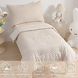 4-Piece Boho Tufted Toddler Bedding Set for Girls Boys Beige Jacquard Tufts Embroidery Bohemian Comforter Set for Kids Bed-in-a-Bag Bed Sheet Set with Comforter, Flat Sheet, Fitted Sheet, Pillowcase