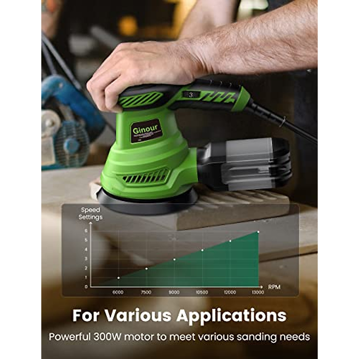 Orbital Sander, Ginour 300W Powerful Random Orbital Sanders, 6 Variable Speed 6000-13000RPM Electric Palm Sander with Transparent Dust Box, 15PCS Sandpaper, Sponge, Wool Disc, Sanders for Woodworking