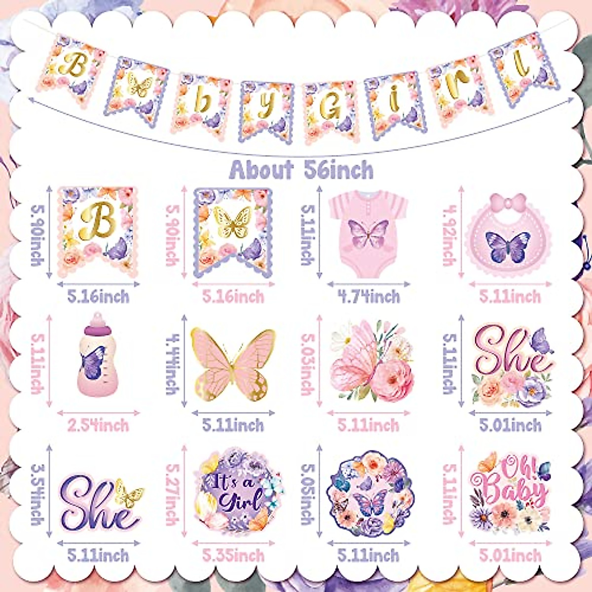 JAPBOR 21PCS Butterfly Baby Shower Hanging Swirls Decorations for Girl, Floral Butterfly Baby Girls Gender Reveal Party Banner Set, It's a Girl Birthday Purple Pink Butterflies Hang Decor Supplies