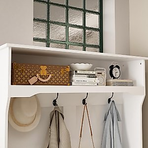 AIEGLE Entryway Hall Tree with Shoe Bench, 3-in-1 Hallway Hall Tree with Coat Rack, 6 Shoe Storage Cubes and 4 Hanging Hooks, White (39.8" L x 17.3" W x 67.1" H)