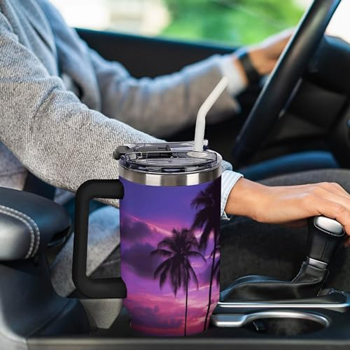 STVNKML 40 Oz Tumbler with Handle Palm Tree Purple Sunset Stainless Steel Coffee Mug Reusable Travel Mug Leak-proof Insulated Car Cup Large Capacity Tumbler for Travel, Outdoor, Home Use (Black)
