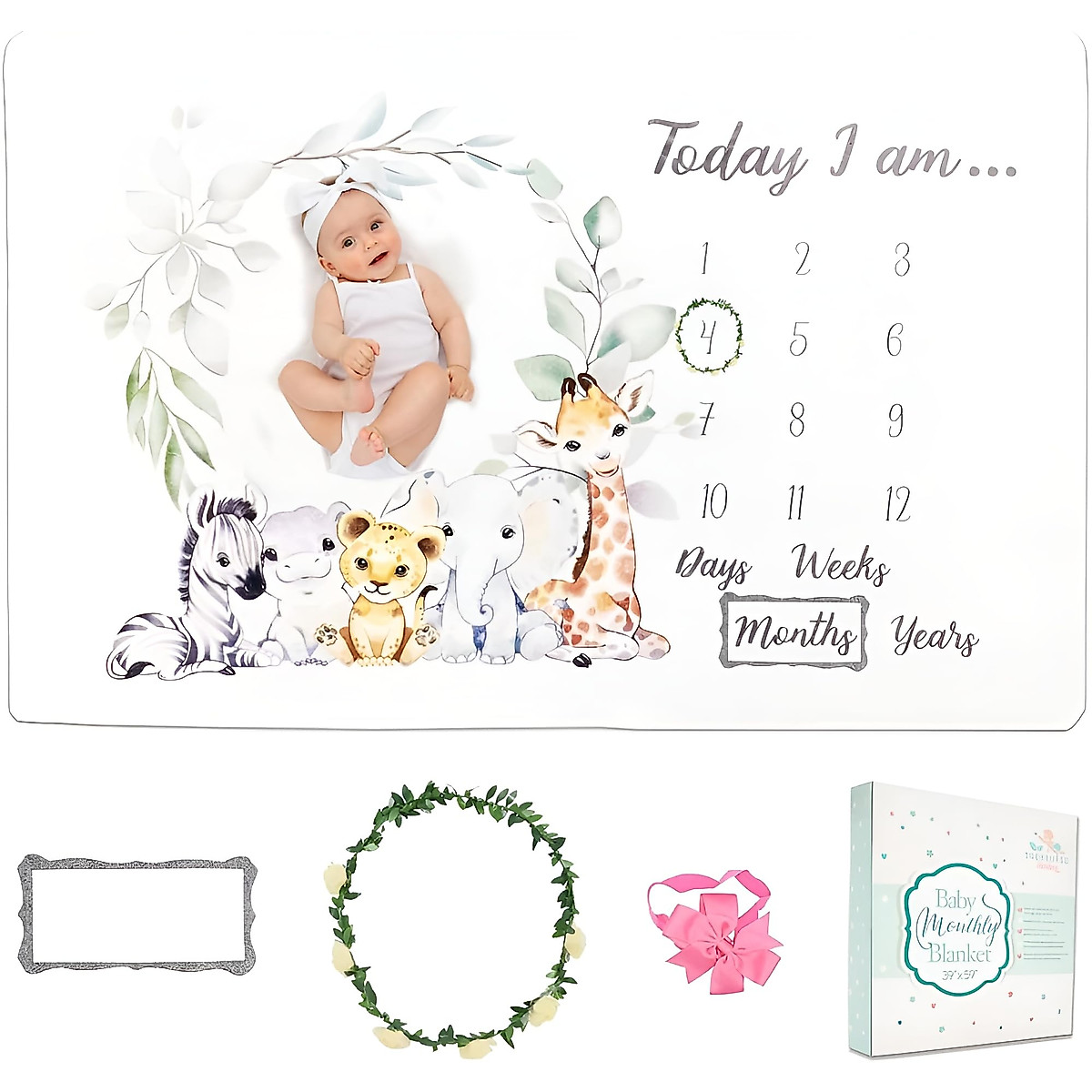 Monthly Baby Milestone Blanket for Baby Girl & Boy - 60"x40" Safari Baby Month Blanket - First Year Calendar Monthly Growth Chart - Track Baby Milestones & Growth - Soft Baby Picture Blanket