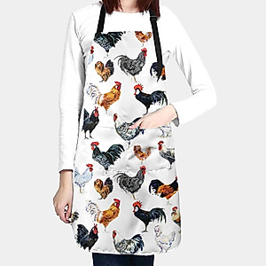 EEIVEUN Kitchen Apron Rooster Cockerel Chicken Farm Pattern Chef Bib Aprons for Women Men with Long Ties Waterdrop Oil Resistant Hostess Apron for Holidays Grill Cooking Baking BBQ