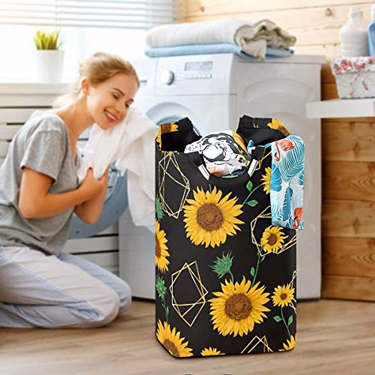 SUABO Laundry Basket Geometric Sunflowers Collapsible Laundry Hamper Bucket with Handles for Travel Shopping Bathroom College