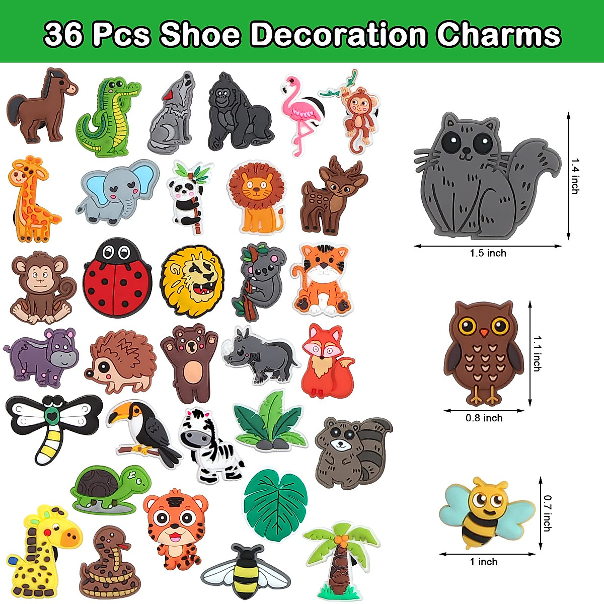 LULUDRAGON 36 Pcs Shoe Charms for Clog Shoes Decorations - Cute Jungle Animals Crooc Charms for Girls Boys Teens Women Safari Animals Clogs Accessories Birthday Gifts