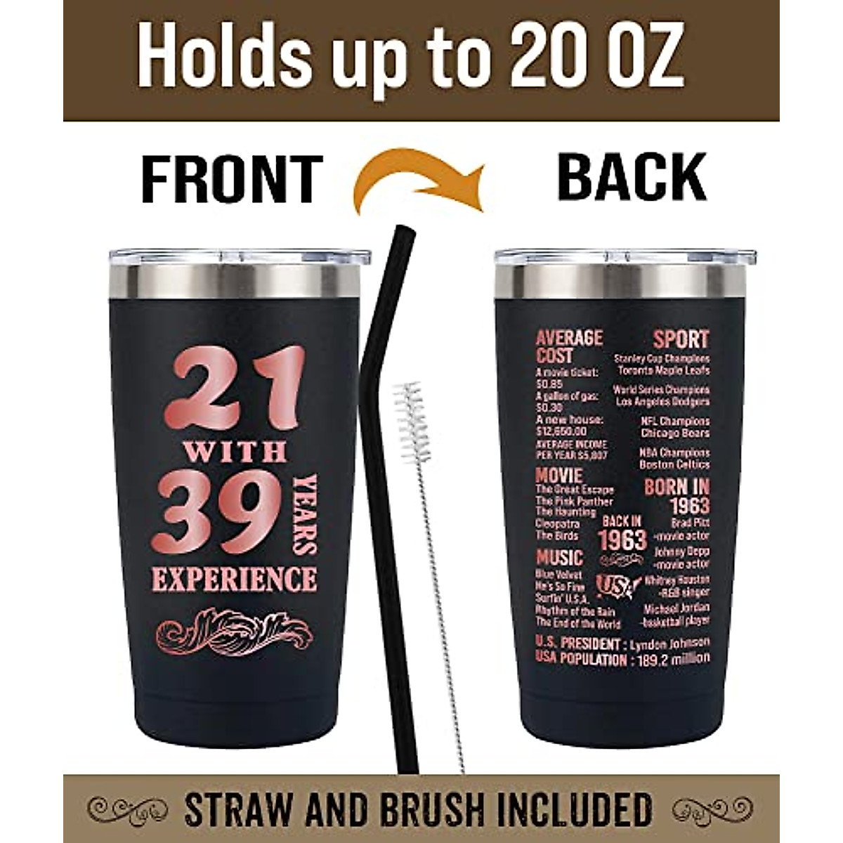 Henghere 60th Birthday Gifts for Women, 60th Birthday Gift for Friend, Mom, Grandma，Sister, Wife, Aunt, Coworker, Happy 60 Year Old Birthday Decorations Women | Thermos Cup - Black