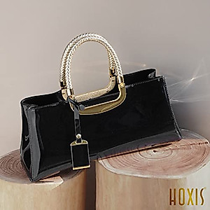 HOXIS Glossy Faux Patent Leather Structured Shoulder Handbag Women Evening Party Satchel (Black)