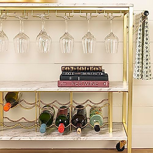 South Shore Maliza Bar Cart Bottle Storage and Wine Glass Rack-Faux Marble and Gold