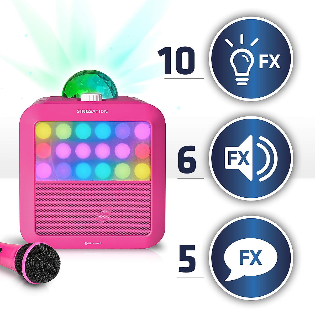 Singsation Star Burst Portable Karaoke Machine, Bluetooth, Room-Filling Light Show with 10 Light Functions, 6 Amazing Sound Effects, 2 Microphones Included for Duets, Pink