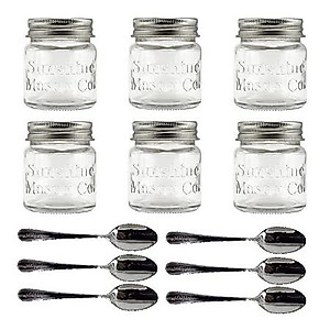 Sunshine Mason Co. Mini Mason Jar Shot Glasses with Metal Lid 2 Oz with Dessert Spoons, 6 Pieces