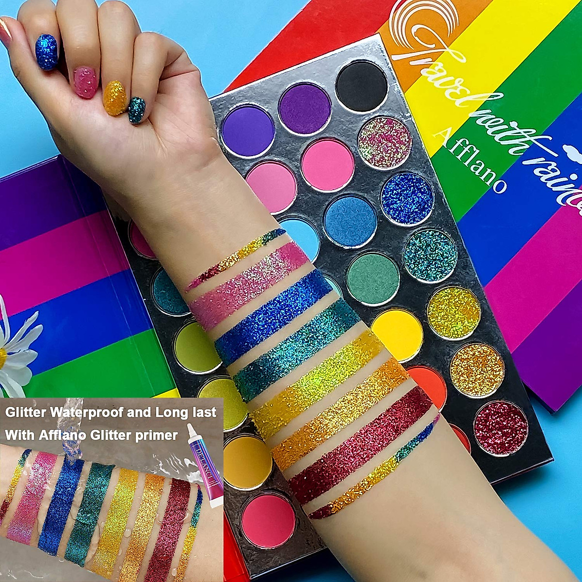 Afflano Rainbow Eyeshadow Palette Matte Shimmer Pressed Glitter, Pigmented Colorful Eye Shadow Pallets, Pink Red Orange Yellow Green Blue Purple 35 Color, Blendable Bright Makeup Palette