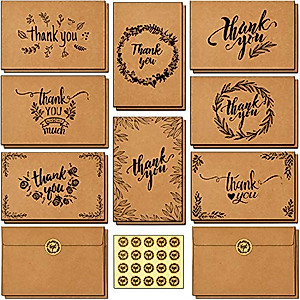144 Bulk Thank You Cards with Self-Seal Envelopes, Brown Kraft Thank You Notes Box Set with Elegant 8 Designs Greeting Card for Wedding, Business, Birthday, Baby Shower, Blank Inside, 4 x 6 Inch