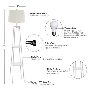 Catalina Lighting Modern Metal Etagere Floor Lamp with Shelves and Linen Shade, 58", Classic White