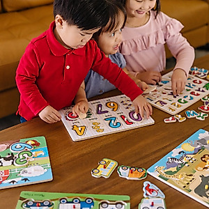 Melissa & Doug Wooden Peg Puzzle 6 Pack Numbers, Letters, Animals, Vehicles