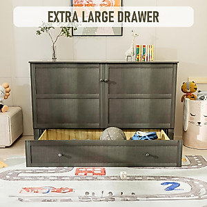 Homnso Queen Murphy Bed, Pine Wood Murphy Cabinet Bed with Tri-Folding Mattress,Storage Drawer & USB Charging Station for Living Room Apartment (Grey for Queen Size)