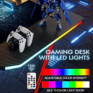 Homall Gaming Computer Desk with Carbon Fiber Surface, Gaming Table Z Shaped PC Home Office with Cup Holder&Headphone Hook(47 in, Black, Led Light)