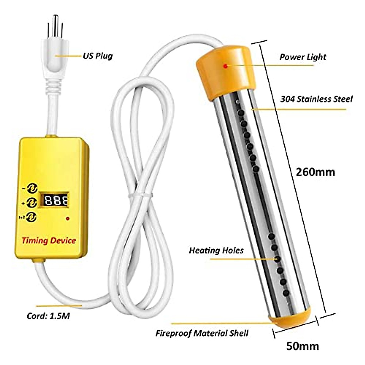 Immersion Water Heater, 1500W Portable Electric Submersible Water Heater with Timer, Stainless Steel Guard Cover and Digital Thermometer for Home Travel Camping