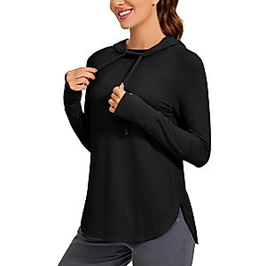 CRZ YOGA Workout Long Sleeve Shirt for Women Hoodie Pullover Athletic Hooded Long Sleeves Sports Gym Tops with Thumbhole Black Small