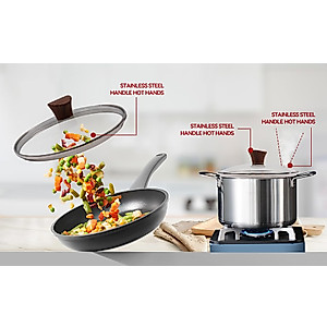 LC LICTOP 8" Tempered Glass Lid 304 Stainless Steel Rim Cookware Cover Replacement for 8-Inch Pan Pot (Heat Resistant Bakelite Knob)