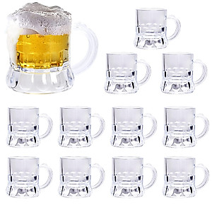 YAXINRUI Mini Beer Mug Shot Glasses, 1 oz Beer Shot Glasses Plastic Beer Mug Shot Beer Tasting Glasses for Beer Fest, Birthday Weddings Party Supplies, BBQ and Picnics (1.75'' Tall, 12 Pieces)
