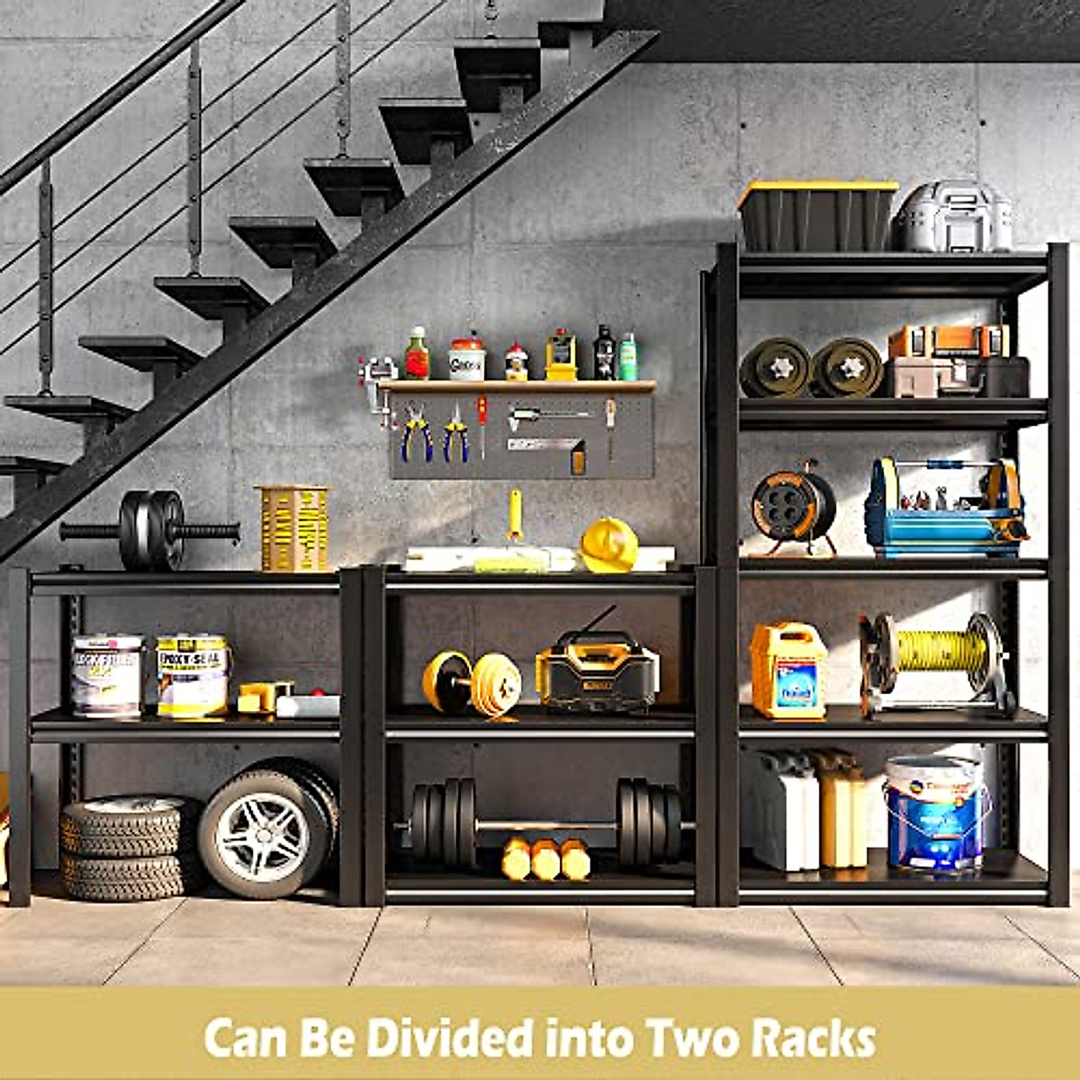 REIBII Metal Garage Shelving Heavy Duty Garage Storage Shelves, Large Wide Adjustable 5-Tier Storage Shelves, Heavy Duty Shelving Unit for Garage Pantry 2050 LBS Capacity, 4 Pack, Black