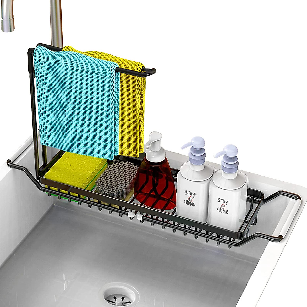 Sink Caddy, Expandable Kitchen Sink Organizer,Stainless Steel Sponge Holder for Kitchen Sink,Over Sink Kitchen Caddy with Dishcloth Towel Holder,Telescopic Sink Rack for Soap,Scrubber Brush (Black)