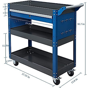 AIRAJ PRO 3 Tier Tool Cart,440 LBS Rolling Tool Cart with Drawer and Wheels,Heavy Duty Industrial Service Cart,Tool Storage Cart with Lockable Drawers ,Tool Storage Organizer for Garage, Warehouse,Workshop,Blue
