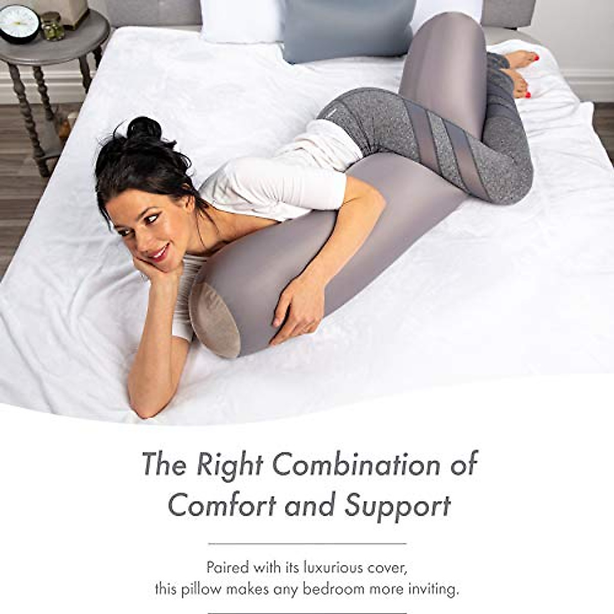 Straight Body Pillow, Full Size Premium Microbead,Side Sleeping / Maternity Pregnant Women, Supportive ,Fluffy, Breathable, Cooling, 85/15 spandex/nylon Silky Feel Anti-Aging - 48 X 8 - Stone Grey