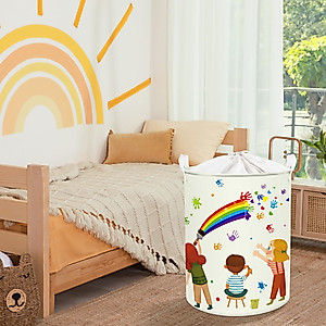 Clastyle 45L Small Hands Change The World Kid Laundry Basket Colorful Inspirational Quote Rainbow Nursery Hamper with Drawstring Round Toy Clothes Storage Basket for Back to School