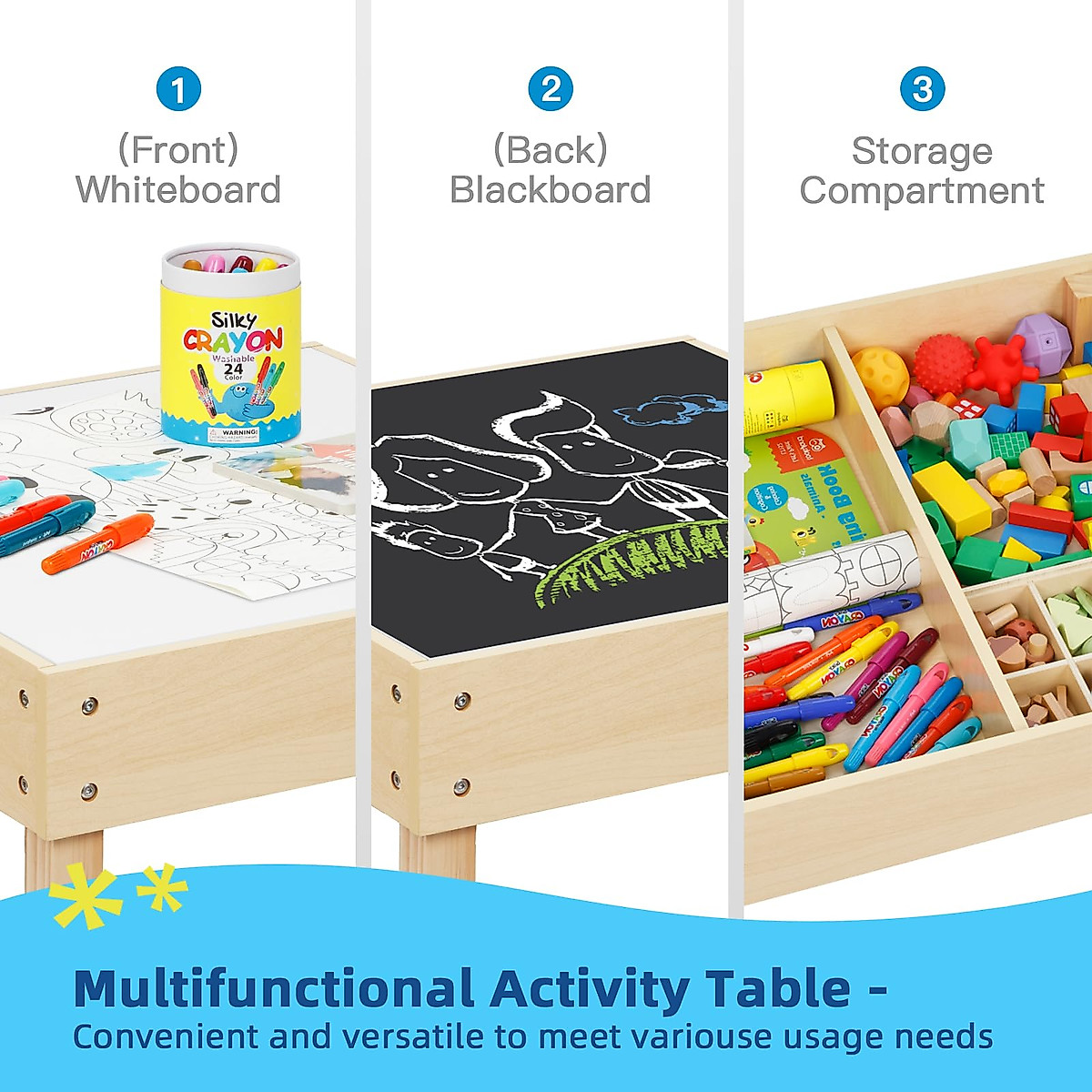 OOOK 3 in1 Toddler Table Chair Set, Kids Table and Chair Set with Blackboard and Storage Drawer, Kids Activity Table for Kids Room, Nursy and Playroom. Toddler Table and Chair Set 2-4 Year Old.