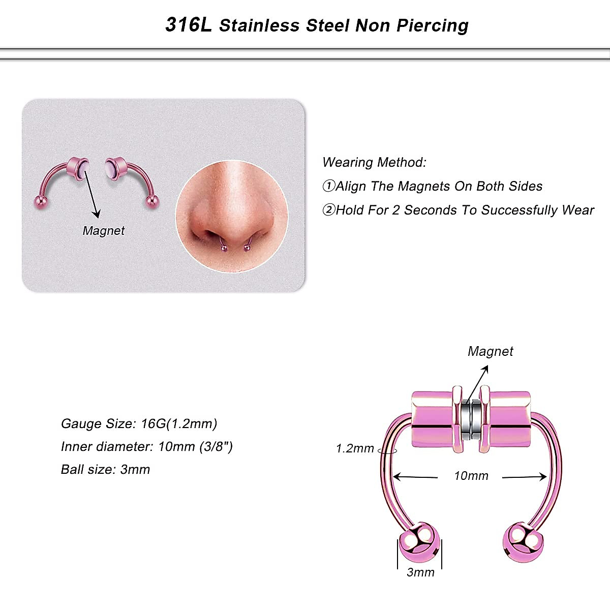 BELLNA Fake Nose Rings, Fake Septum Fake Nose Ring Horseshoe Stainless Steel Magnetic Nose Rings For Women Men Colorful, Fake Nose Rings Septum Rings Non-Pierced Clip On Nose Hoop Rings Jewelry 12pcs